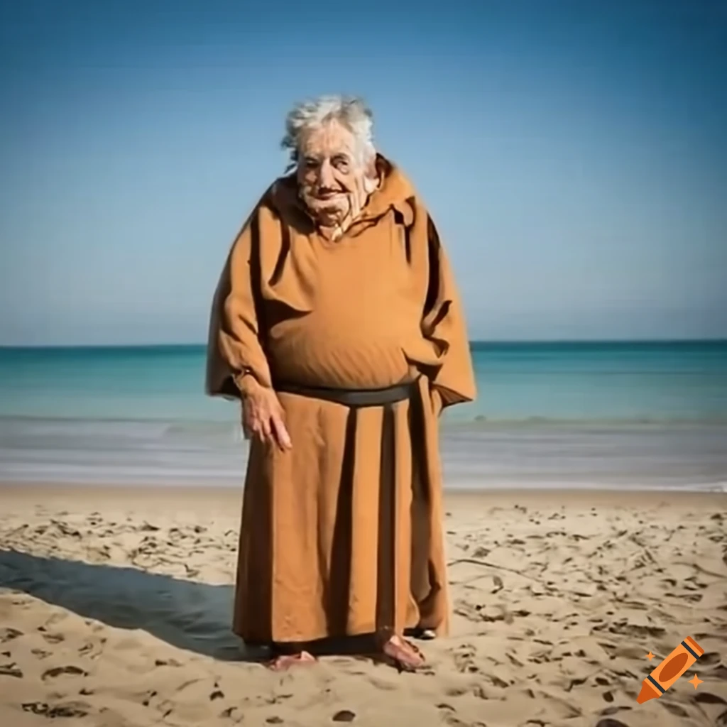 Chubby person in friars robes on a beach with ancient ruins on Craiyon
