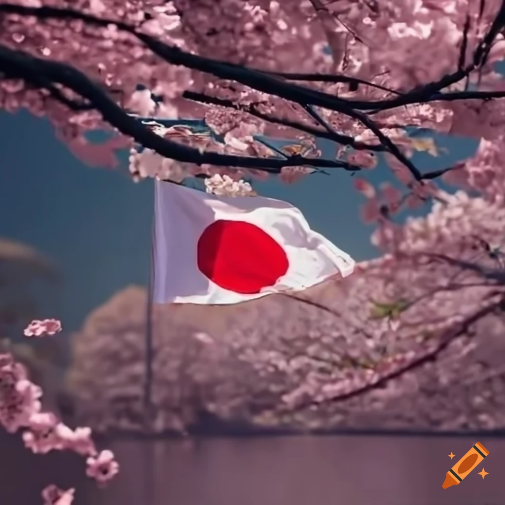 Cherry blossoms in focus with Japanese flag in the distance on Craiyon
