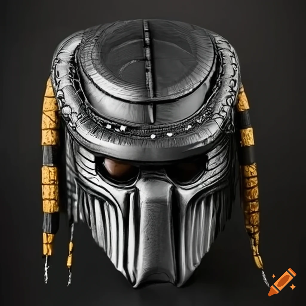 Detailed design of a menacing Predator mask for a sci-fi film on Craiyon