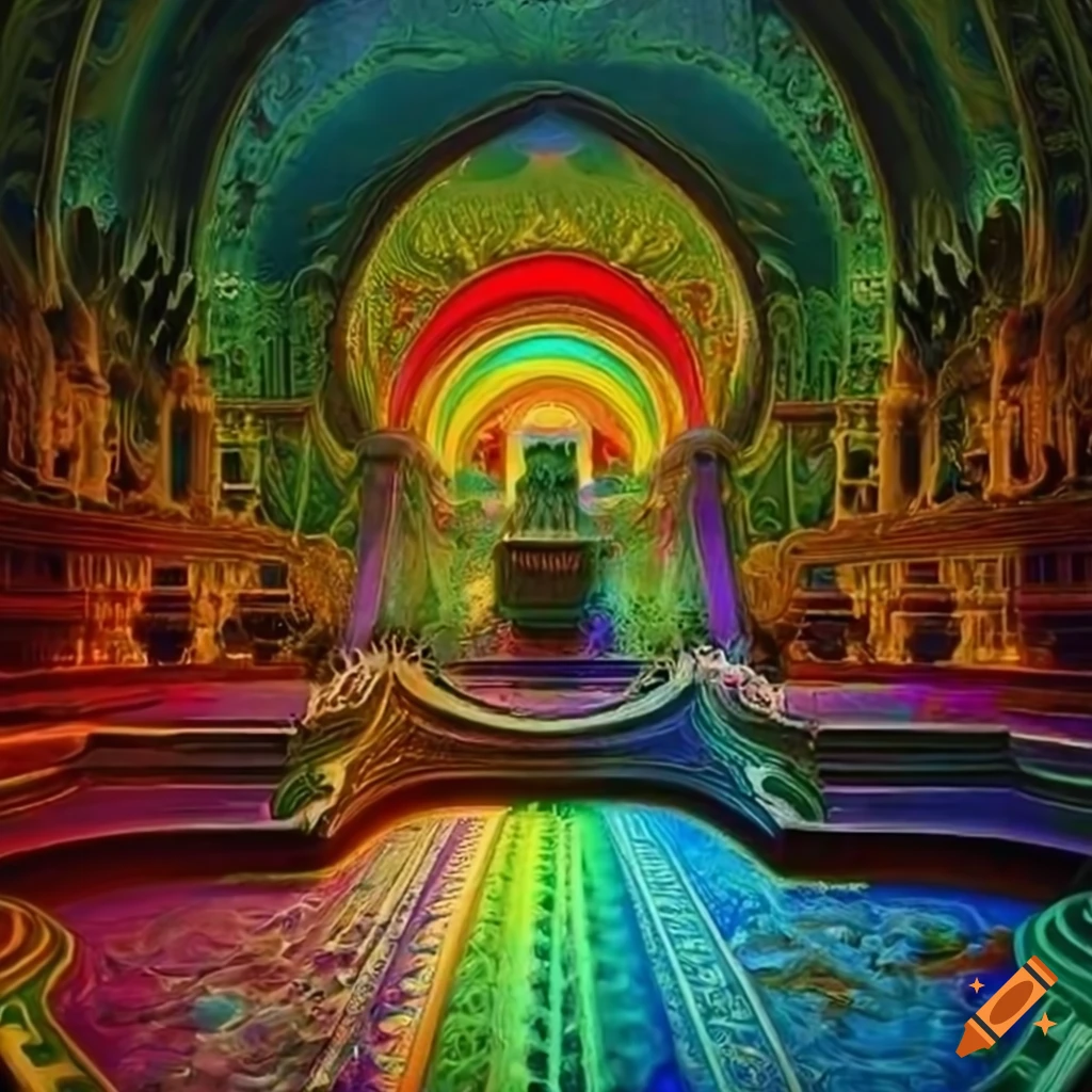 Rainbow-hued palace on the surface of an alien world in a surreal ...