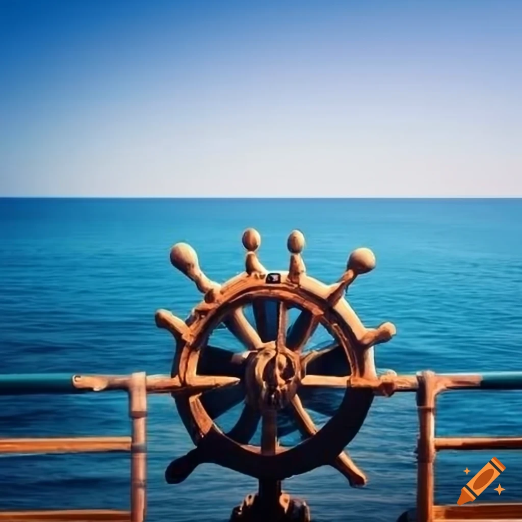 Front view of a ship deck with a helm facing the sea on Craiyon
