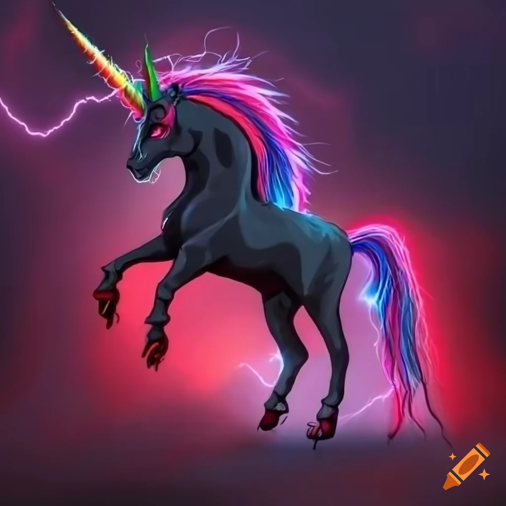 Black unicorn with red eyes and glowing rainbow horn in a mystical setting on Craiyon