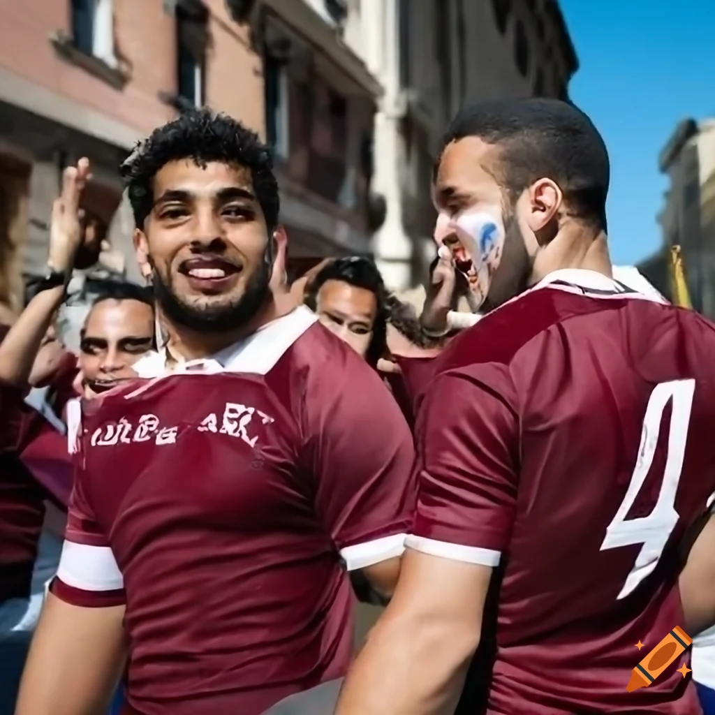 Crowd of rugby fans celebrating their team's championship on Craiyon