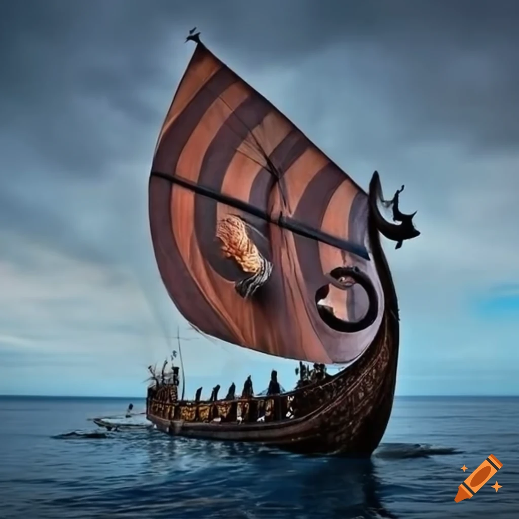 Authentic Viking longship with a fierce dragon head sailing on the ...