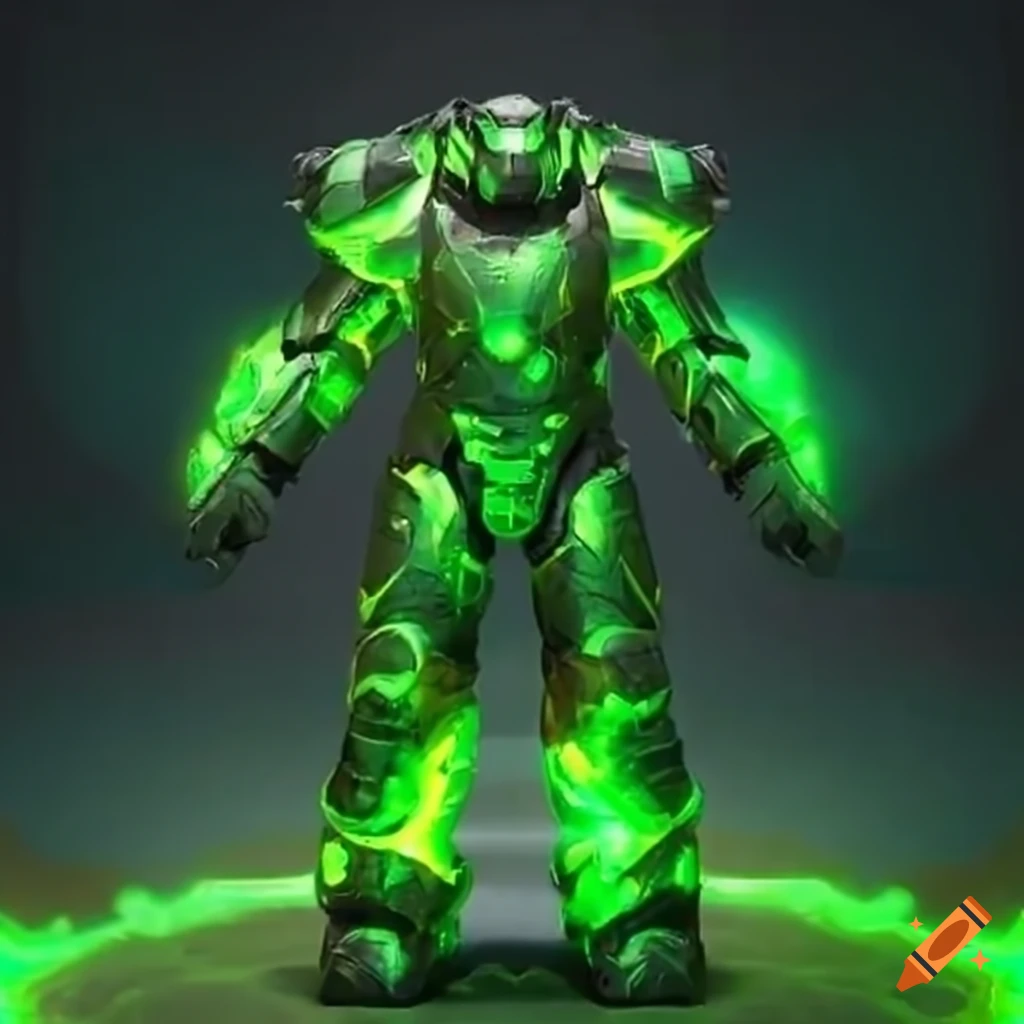 Large power armor made of glowing green lava with jet pack turbines on Craiyon