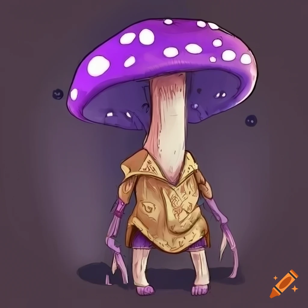 Small dnd mushroom character with a purple cap, cloak, and limbs on Craiyon
