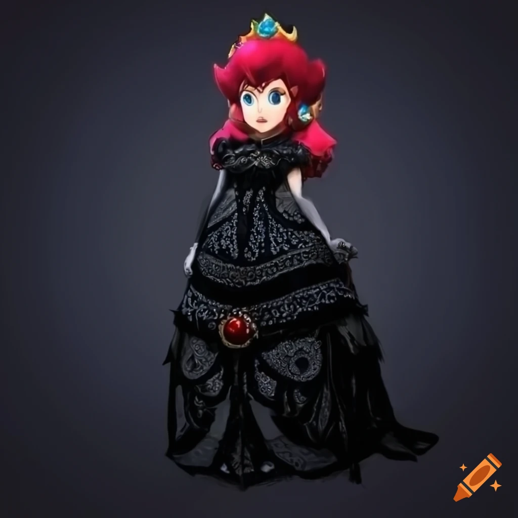 Princess peach in gothic black gown with fiery red jewels in a haunted ...