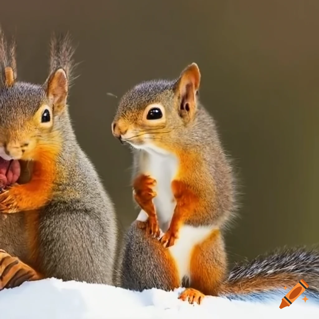 Squirrels helping each other in the snowy forest sharing Sammy's story ...