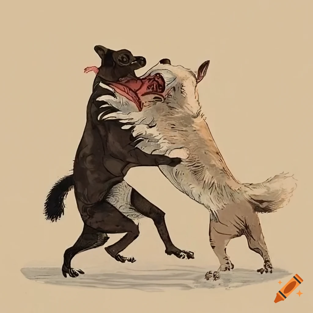 Two dogs in a fighting stance with an ukiyo-e artistic style on Craiyon