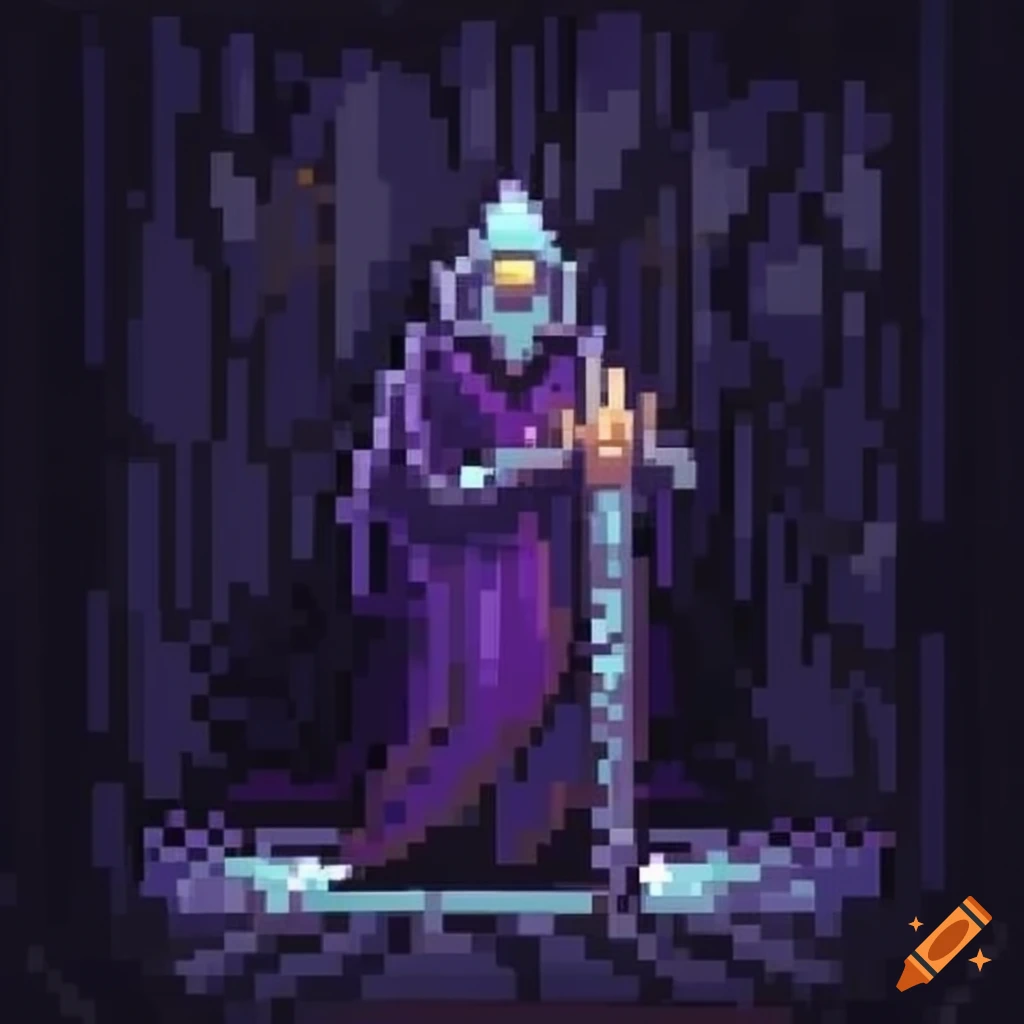 Pixel art of a wizard wielding a silver sword on Craiyon