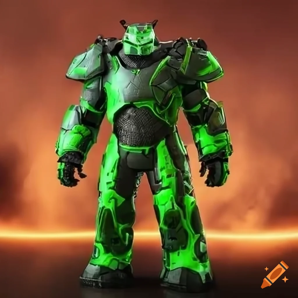 Glowing green lava power armor with jet pack turbines on Craiyon