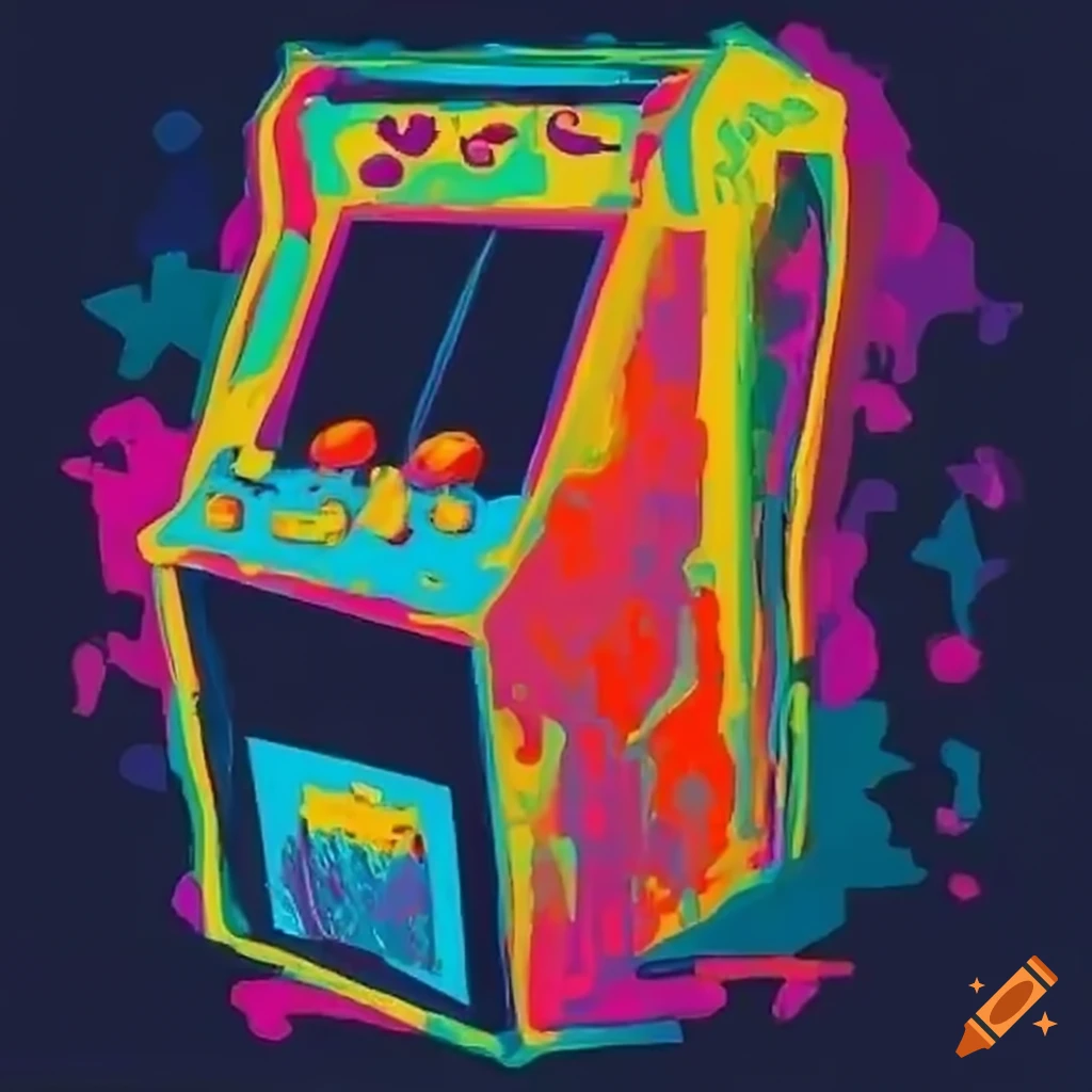 Retro 80s-style design with neon colors featuring a vintage arcade ...