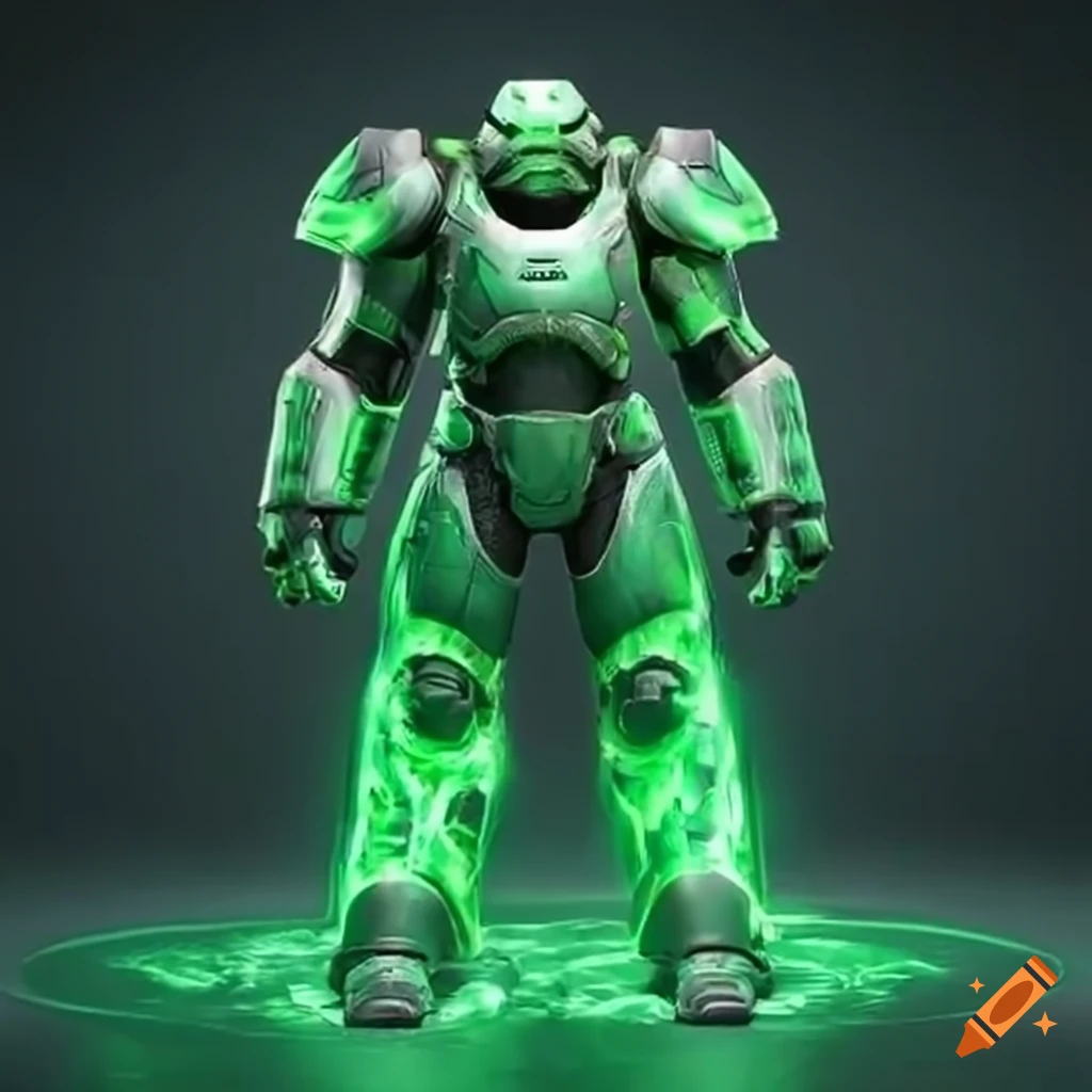Full body power armor made of glowing green lava with jet pack turbines ...