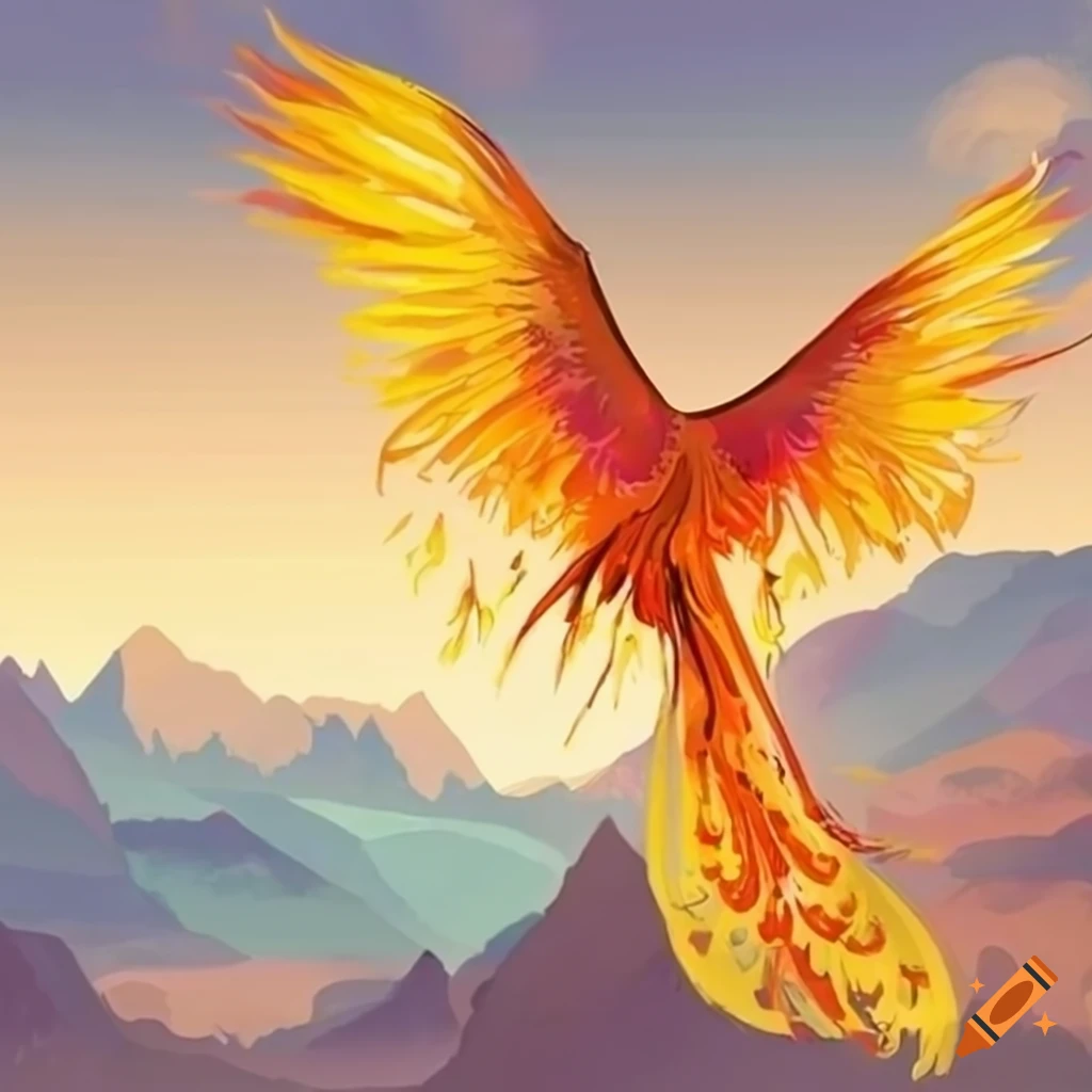 Children's book style phoenix flying over mountains on Craiyon