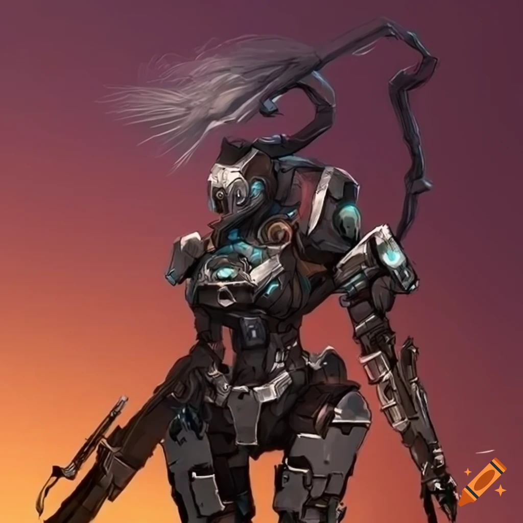 Feminine mech warrior with futuristic regalia and striking rifle on Craiyon