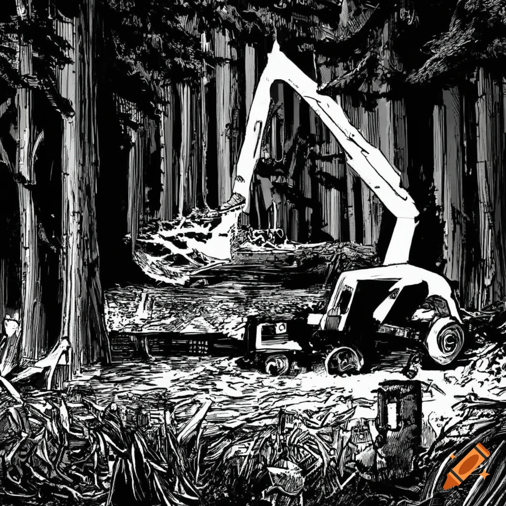 Machines cutting down trees in a forest in black and white on Craiyon