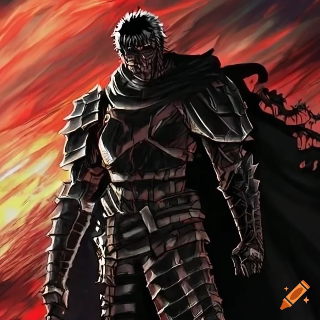 Character 'Guts' from Berserk manga in black armor with intense eyes on ...