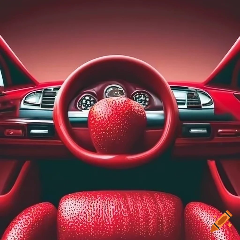 Luxurious red car interior adorned with ripe strawberries on Craiyon