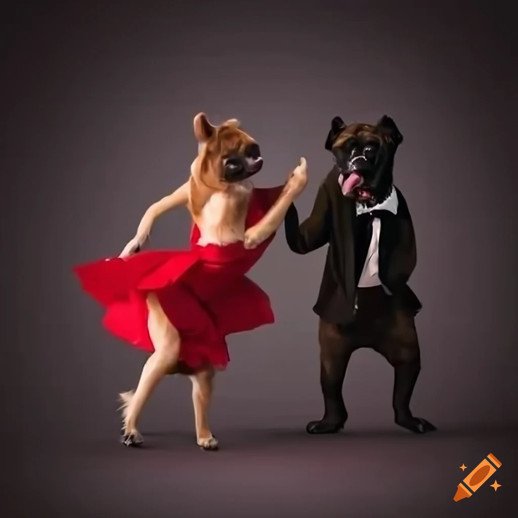 Two cute boxer dogs doing Salsa dance at a party, one in a tuxedo and ...