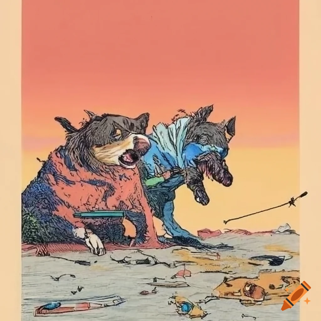 Pack of dogs fighting in a futuristic elimination perspective in Ukiyo ...