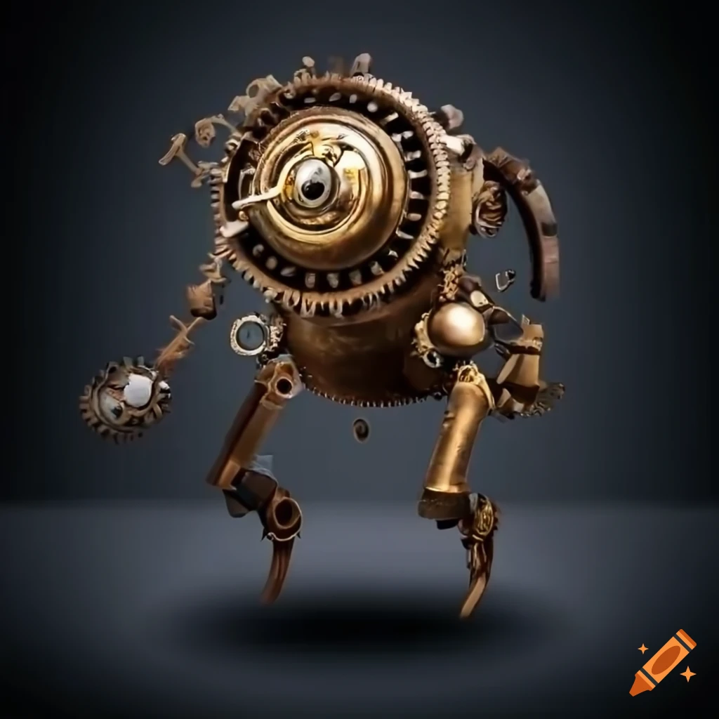 Steampunk automaton in motion with springs, gears, lenses, and spikes ...