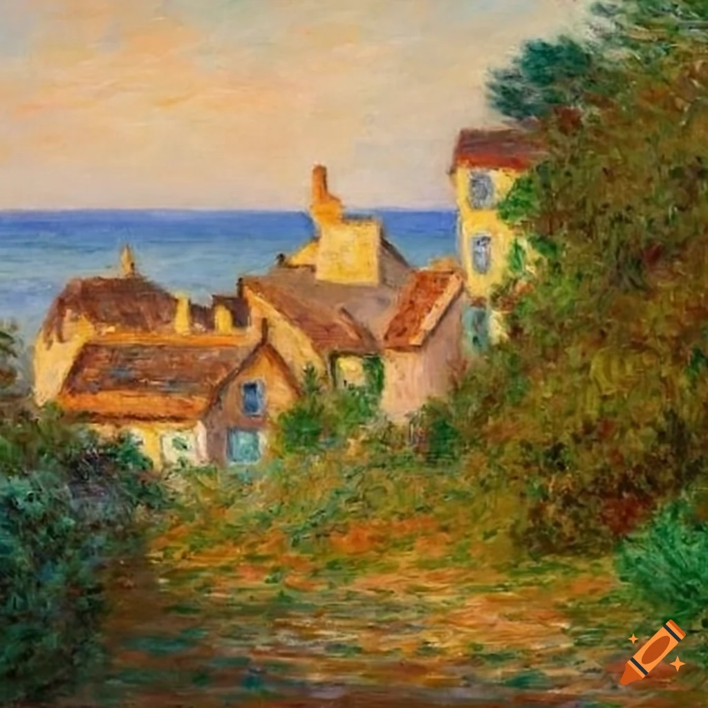 French coastal village painting in the style of Claude Monet with boats ...
