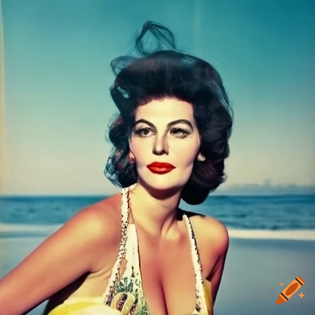 Vintage-styled lady at the beach reminiscent of Ava Gardner on Craiyon