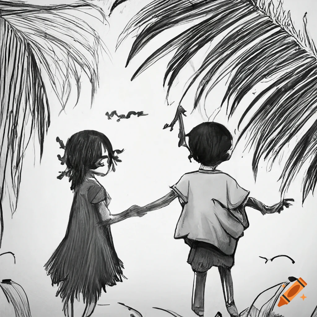 Two children singing under a palm tree in black and white sketch on Craiyon
