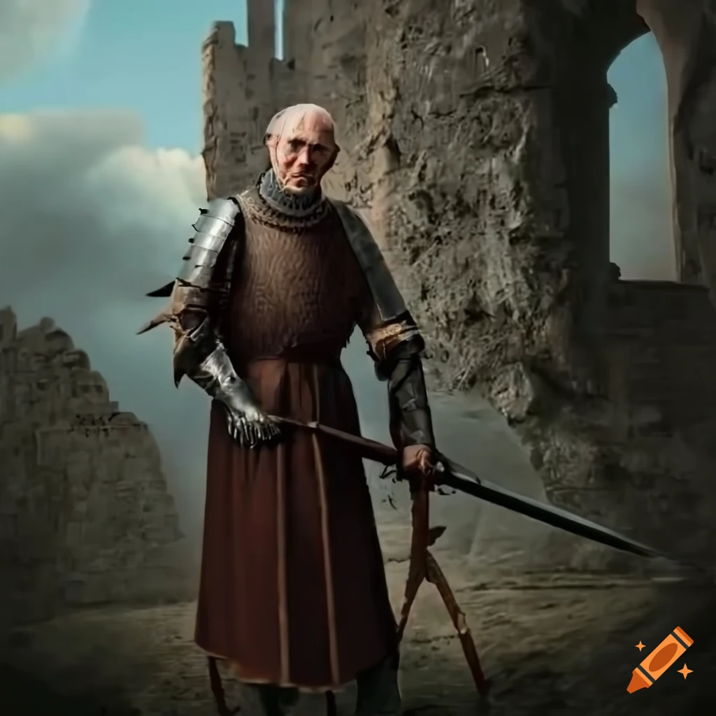 Elderly knight in worn armor standing by a castle ruin with an old ...