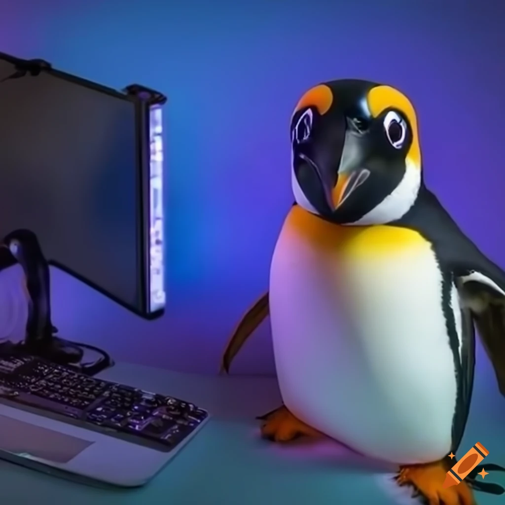Penguin playing at a vibrant dual monitor gaming setup on Craiyon