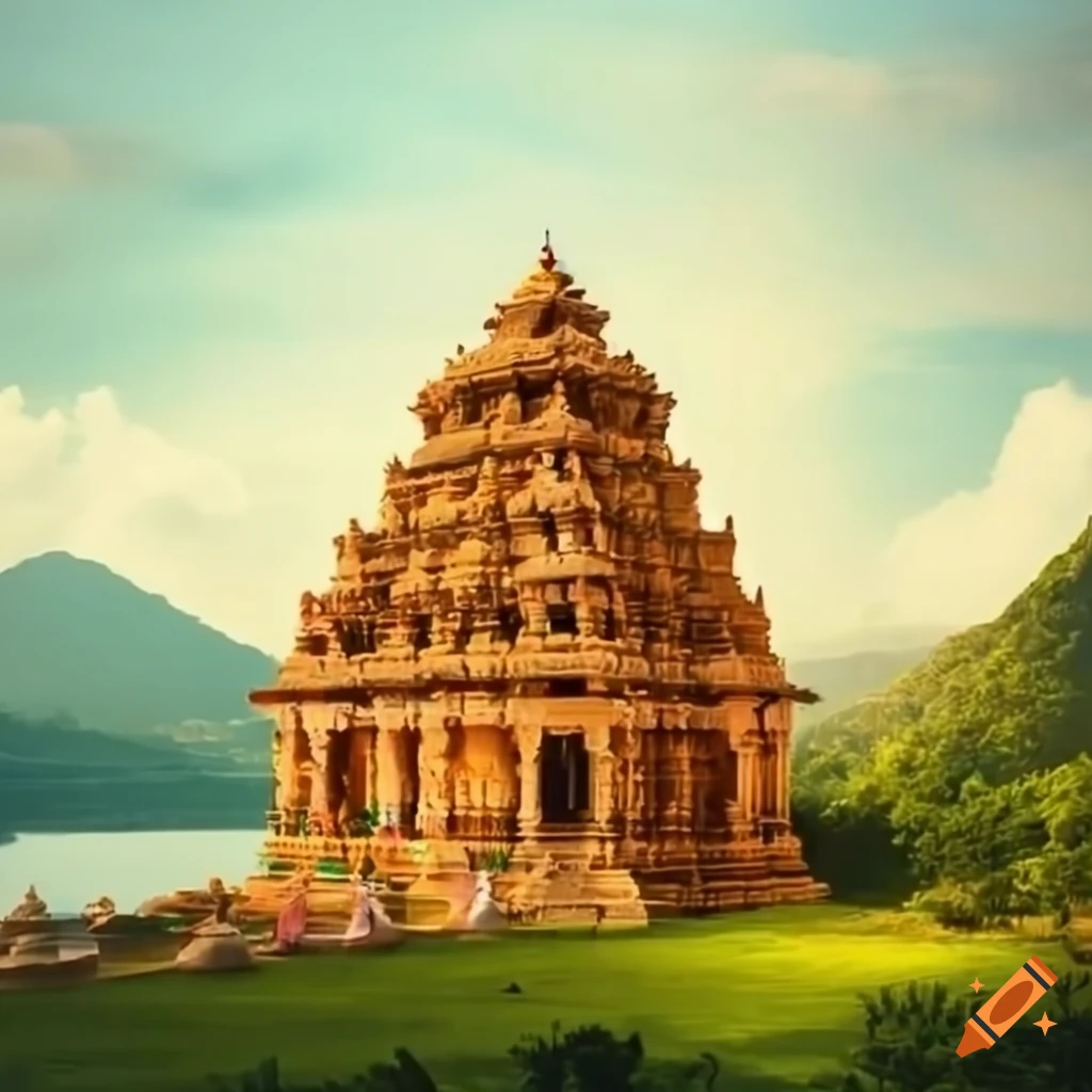 Hindu temple with mountain backdrop, river, and lotus on Craiyon