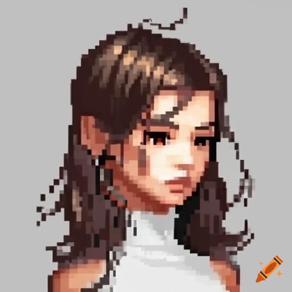 Pixelated female game character with tan skin, brown hair, and silver ...