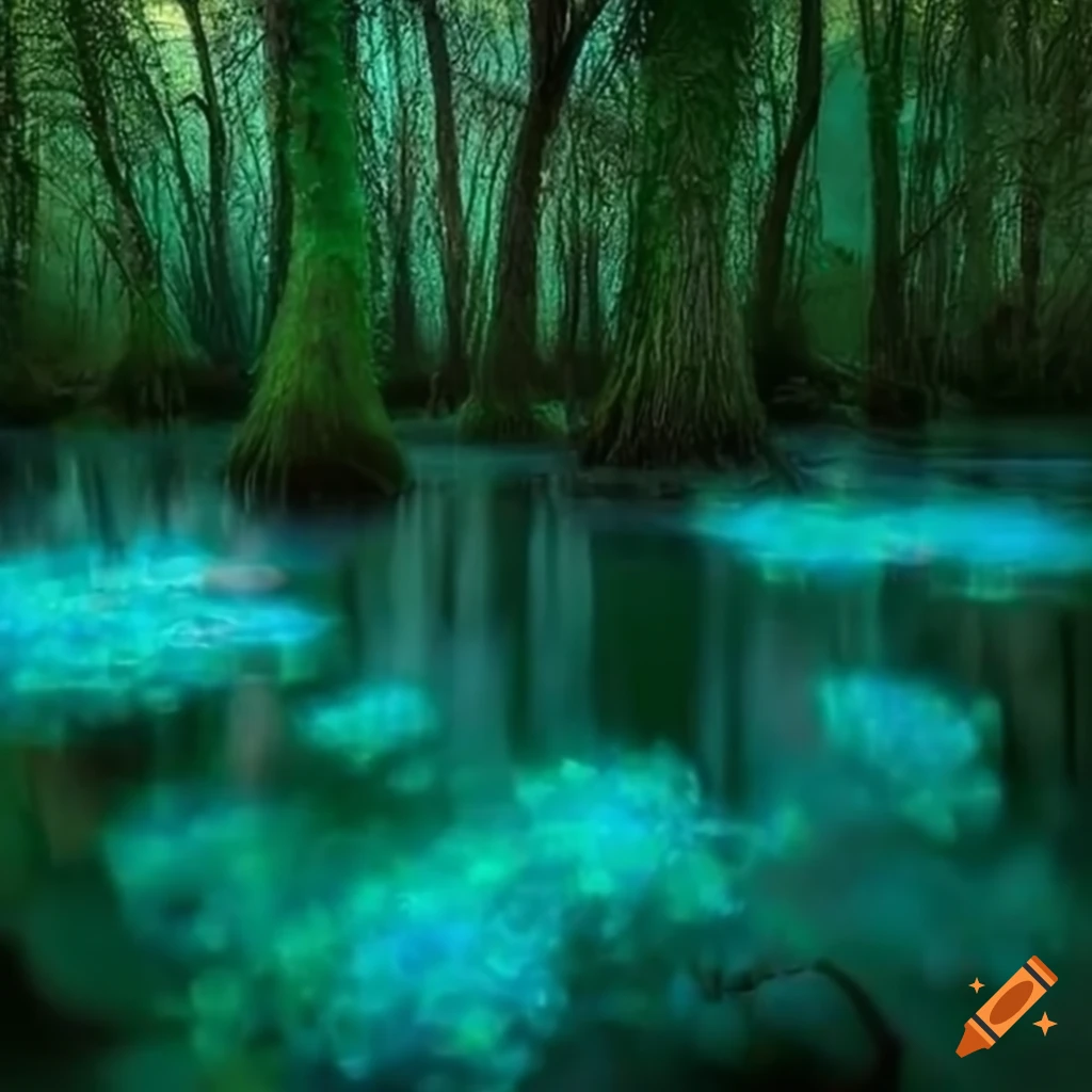 Magical swamp with turquoise flowers and mystifying orbs on Craiyon