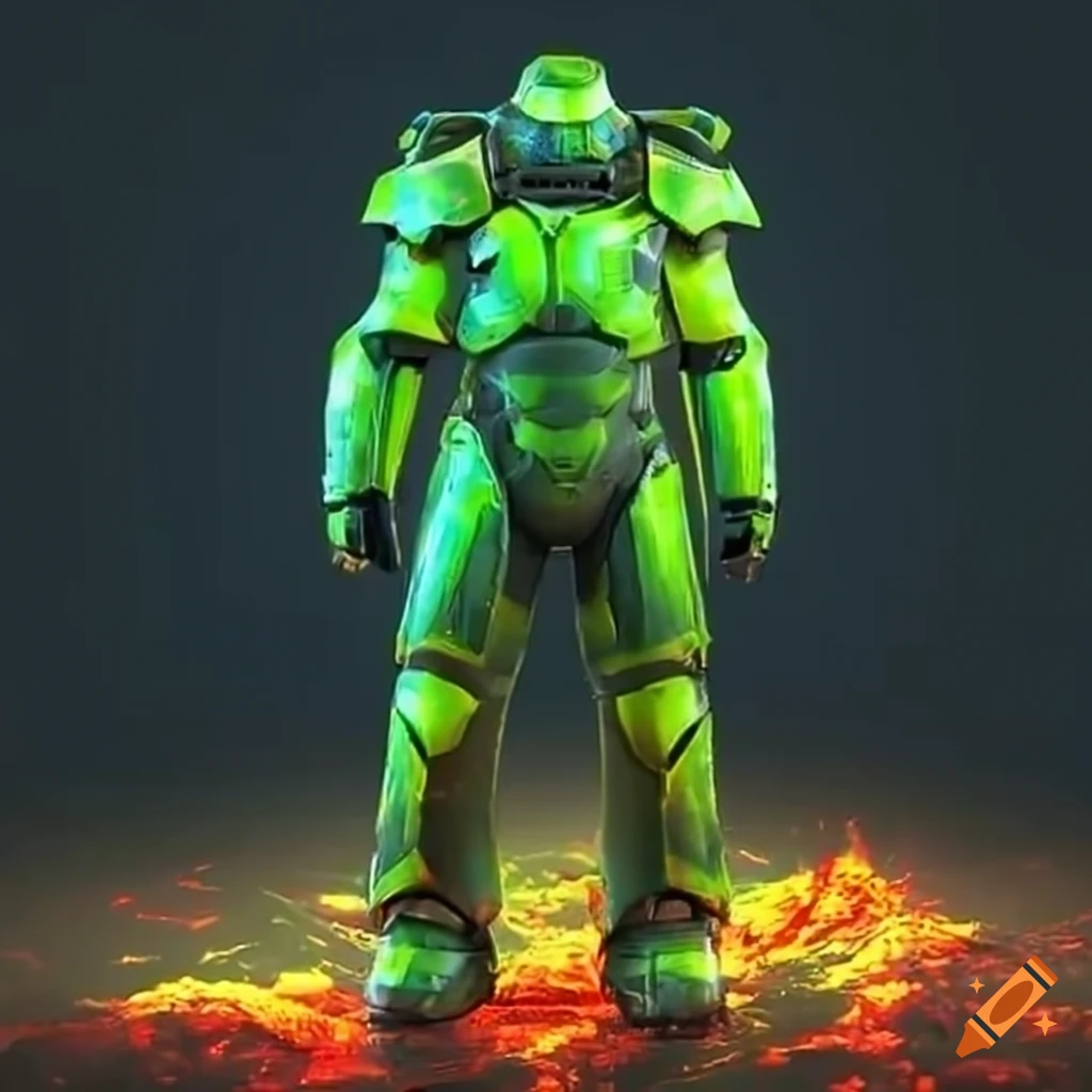 Full body power armor with glowing green lava and jet pack turbines on Craiyon