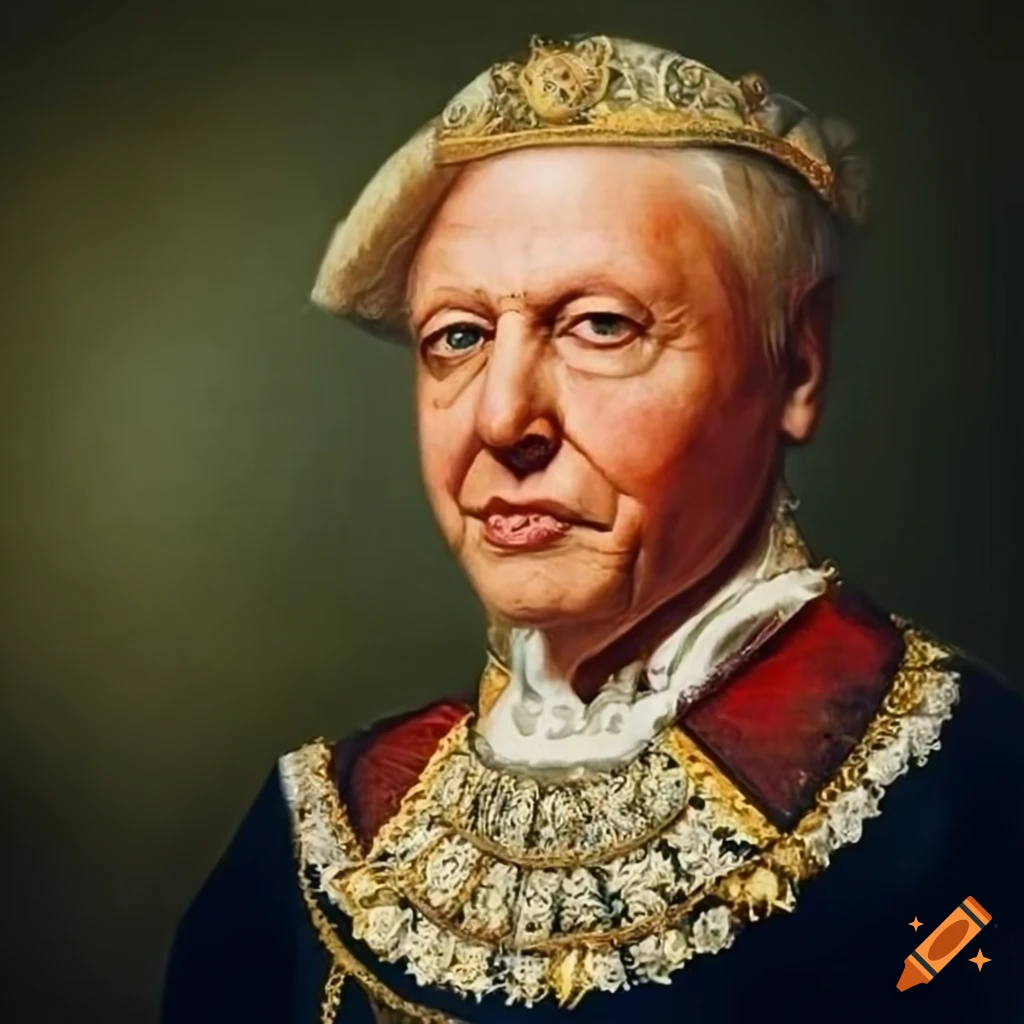 Portrait of 'david attenborough' in royal attire from the 1500s, in a framed border on Craiyon