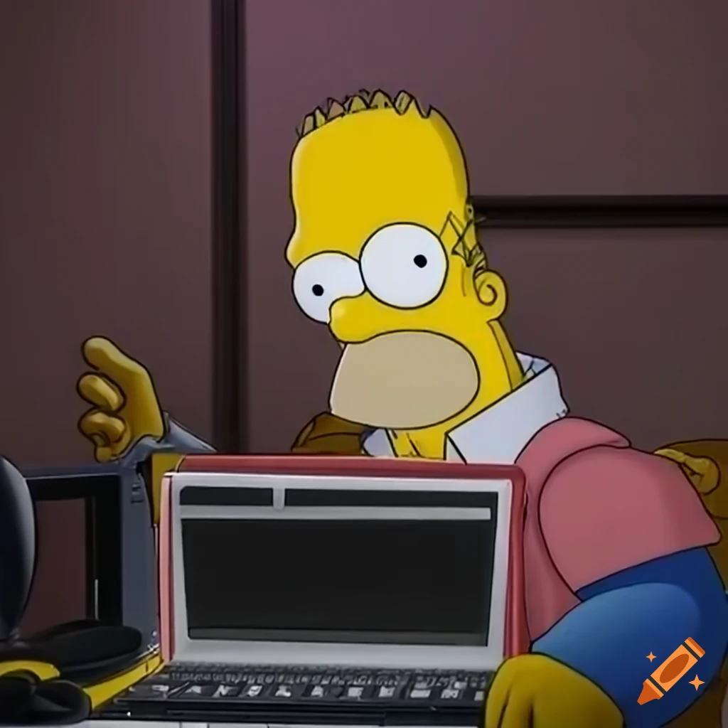 Homer Simpson debugging code at a computer in a humorous way on Craiyon