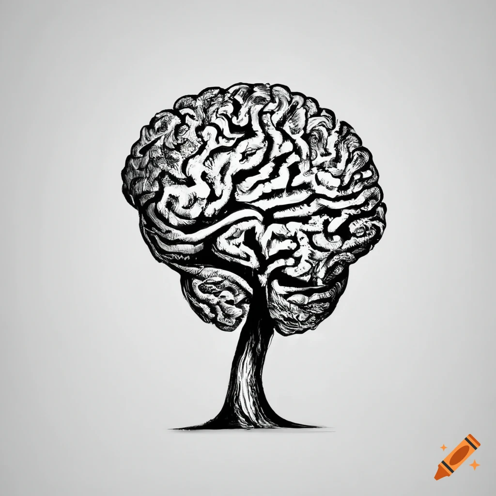 Brain-shaped tree in black and white ink on canvas on Craiyon