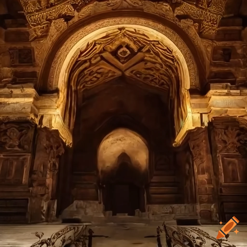 Grand archway carved into mountainside with ancient aarakocra symbols ...