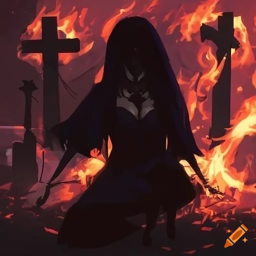 Apocalyptic anime scene with goth woman in cemetery surrounded by ...