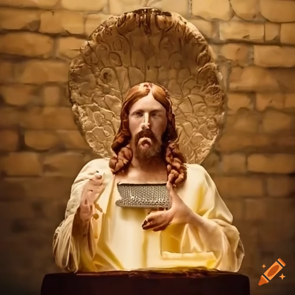 Cheese sculpture of jesus holding a grater on Craiyon