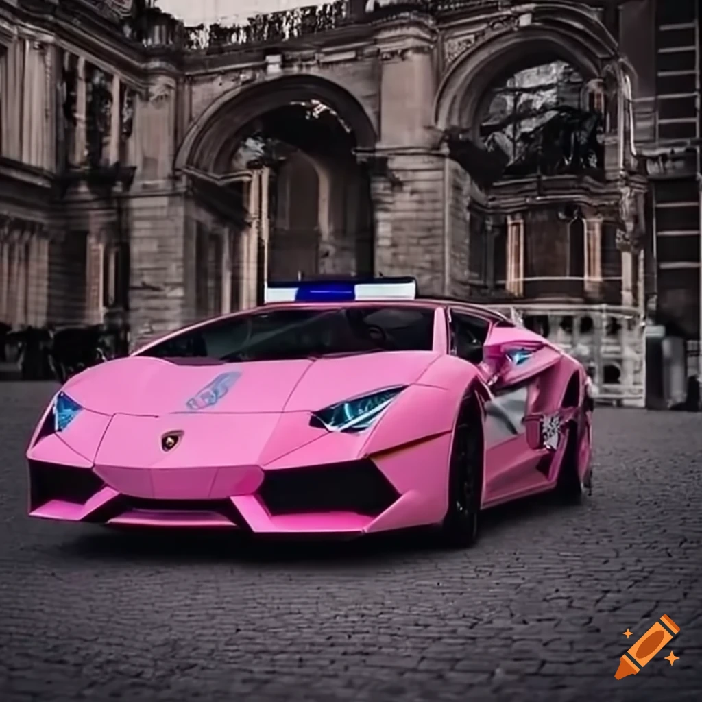 Unique baby pink lamborghini police car with ribbons in the city on Craiyon