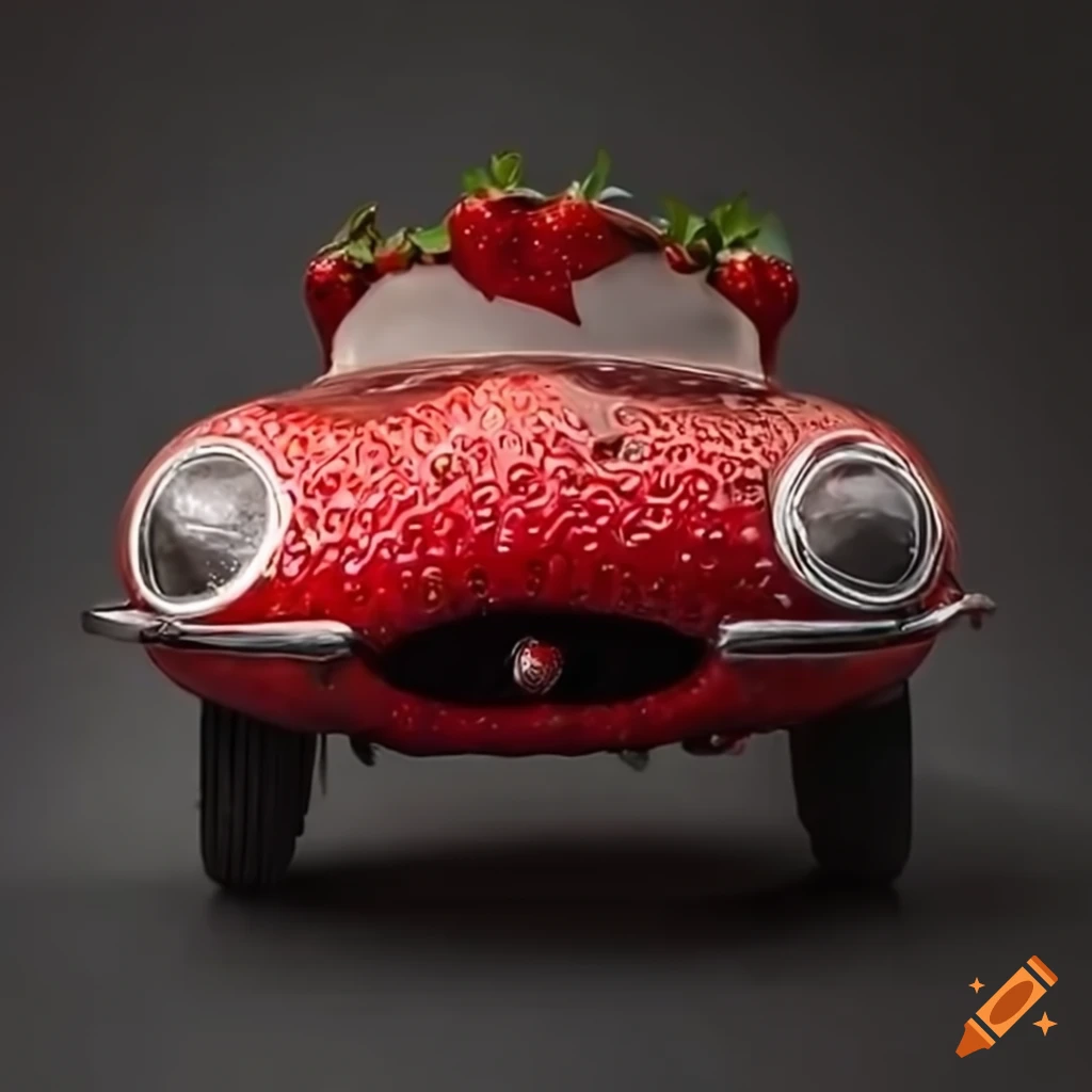 Jaguar E-Type car sculpture made from ripe red strawberries on Craiyon