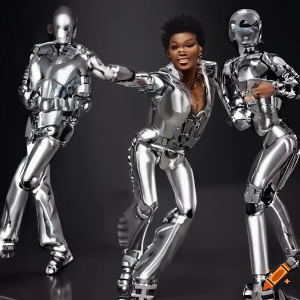 Metallic silver android cyborg dancing at night on Craiyon