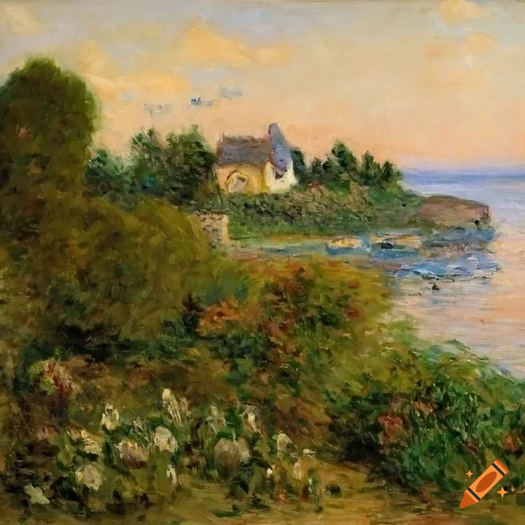 Monet painting of a serene French cottage on a cliff overlooking a ...