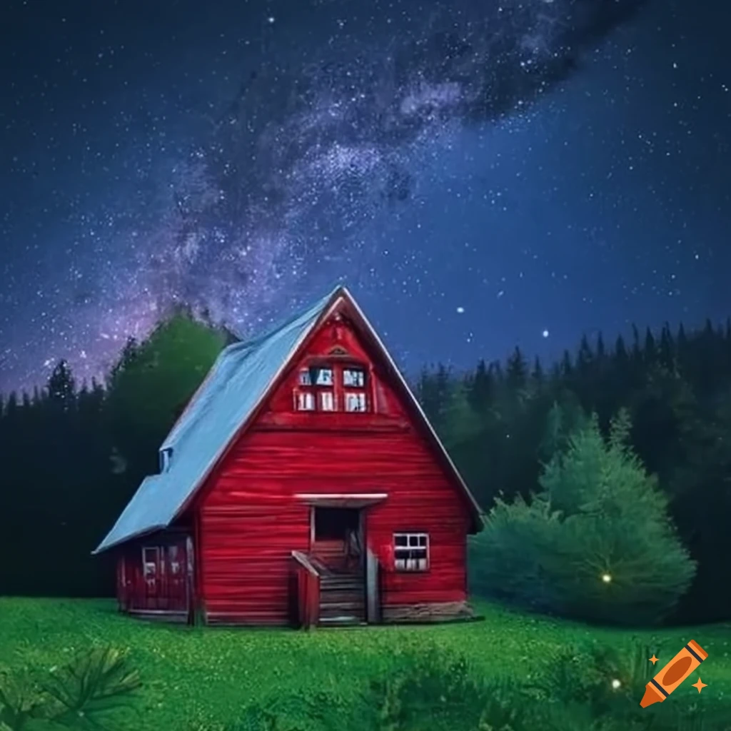 Enchanting countryside scene with rustic red cottage under starry night ...
