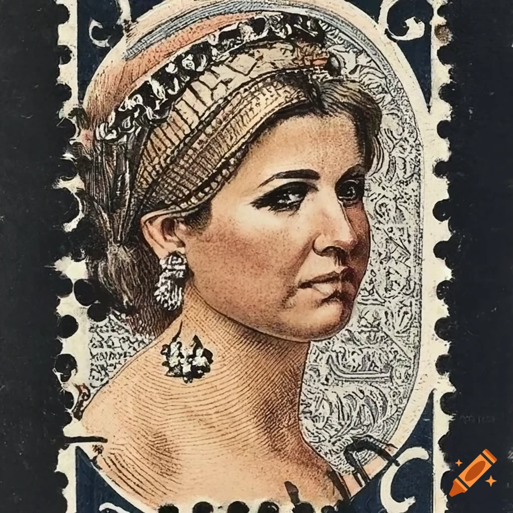 Close-up portrait of Dutch Queen Maxima on vintage Dutch post stamp on ...