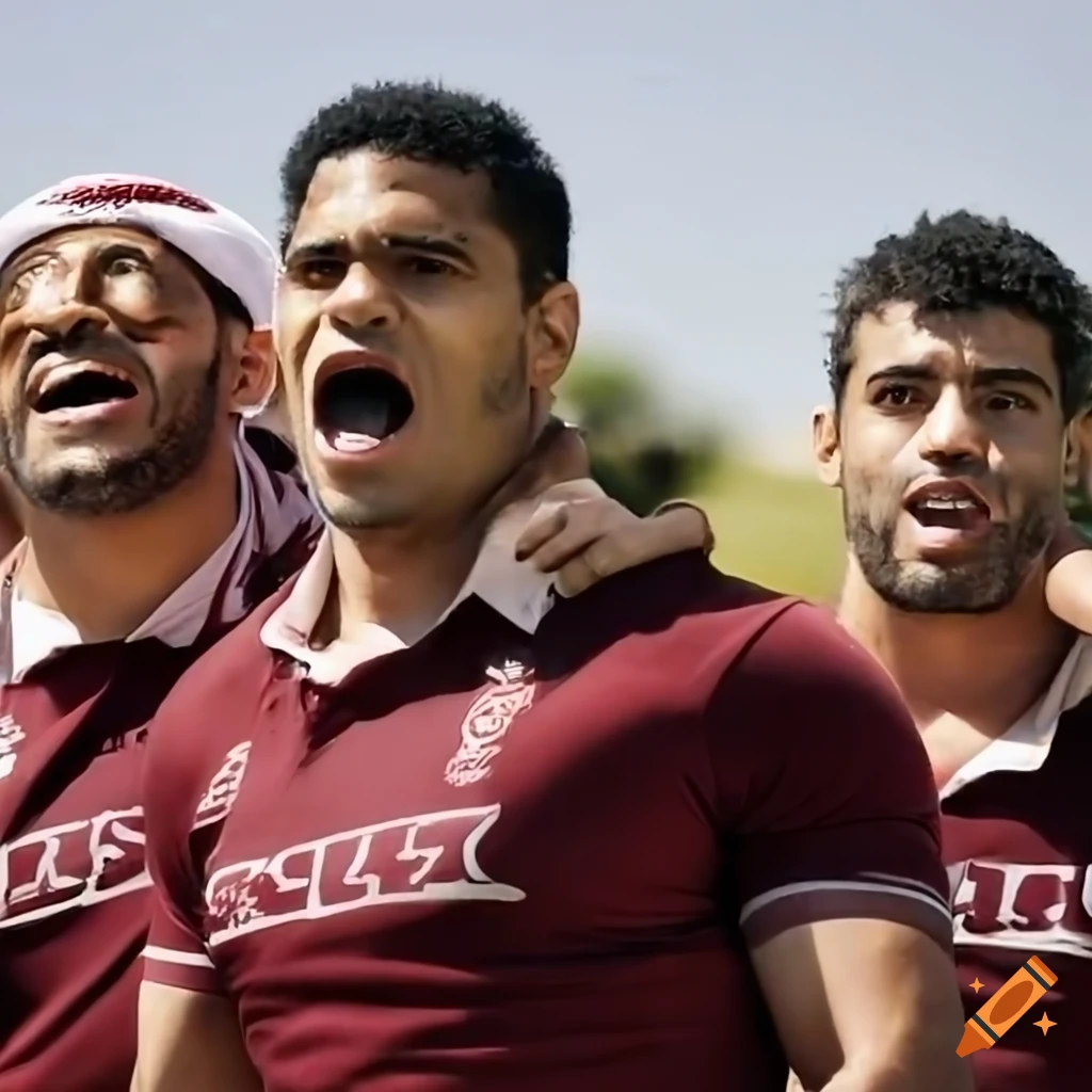 Rugby players in maroon jerseys celebrating championship win on Craiyon