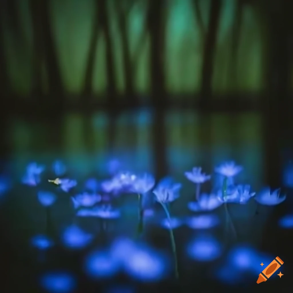Glowing greenish blue flowers in a haunting swamp scene on Craiyon