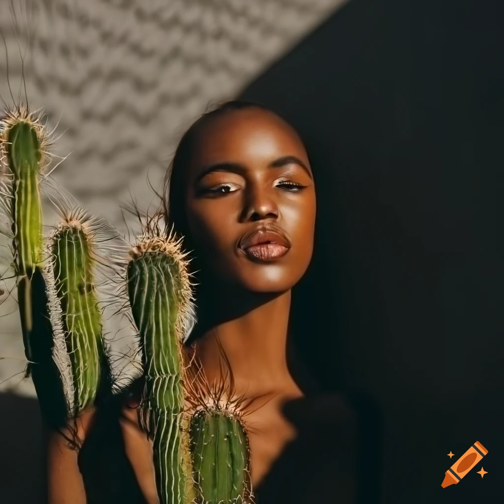 Elegant black model posing by cactus plants with textured white walls and shadows on Craiyon