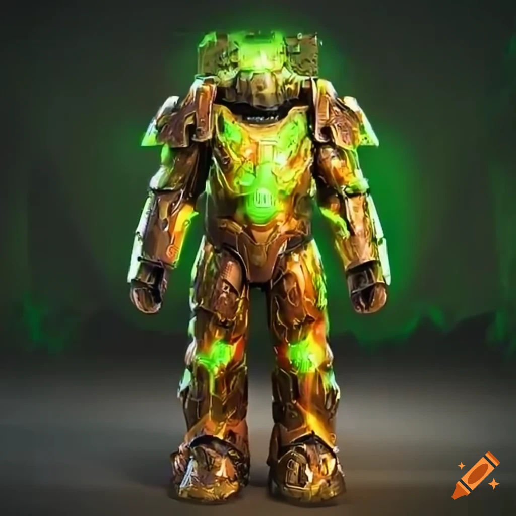 Power armor made of glowing green lava with jet pack turbines on Craiyon